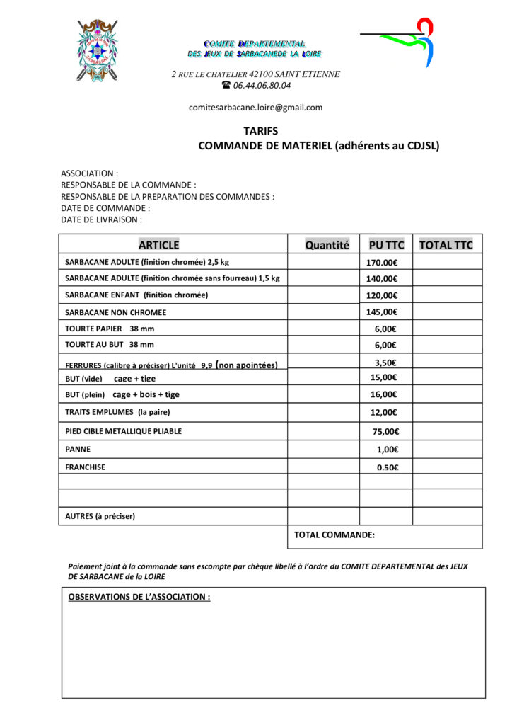 FEUILLE DE COMMANDE DE MATERIEL 2024 - Comité Sarbacane de la Loire